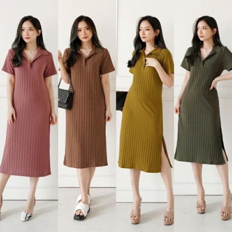 Jual Dress Kerah Midi Polos Kekinian All Size - Dress Murah - Dress kerah - Dress Polos - Dress ...