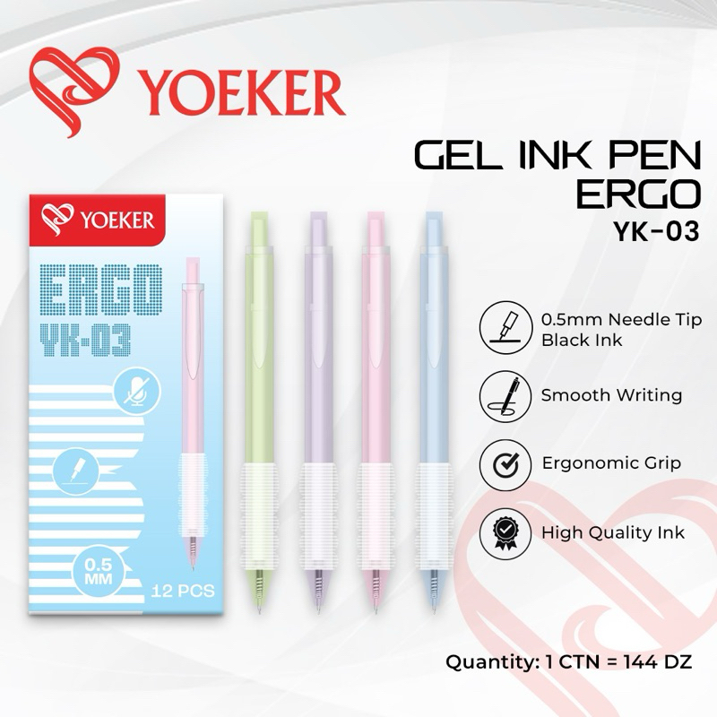 Jual Yoeker Gel Pen Ergonomis 0.5mm YK-03 (1BOX=12pcs) | Shopee Indonesia