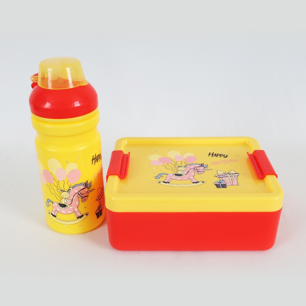 Jual Set Kotak Makan dan Botol Minum Anak Happy Birthday Warna Merah dan Kuning | Shopee Indonesia