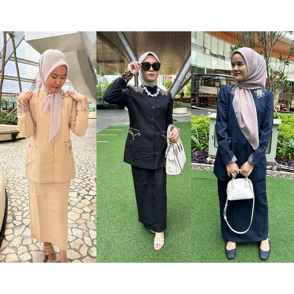 Jual blazer kombinasi batik warna cream-hitam-dongker setelan rok dan ...