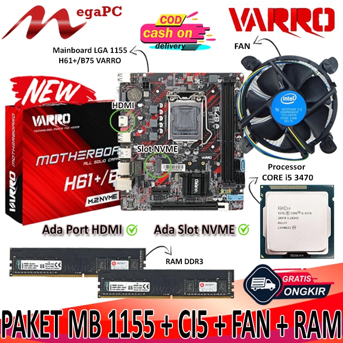 Jual Paket Mainboard 1155 H61/B75 DDR3 VARRO + Core i5 3470 + FAN + RAM GARANSI 1 TAHUN | Shopee ...