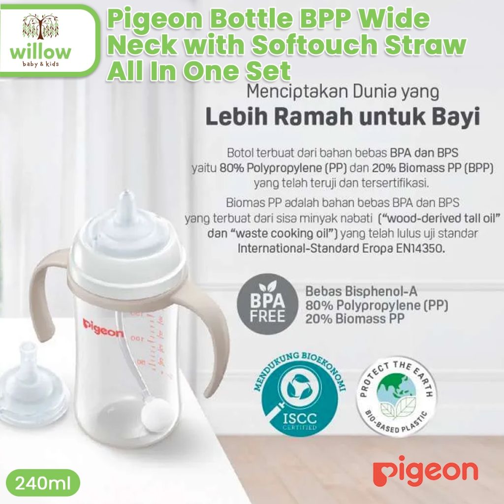 Jual Botol Minum Bayi - Pigeon Bottle BPP Wide Neck W/Softouch Straw All In One Set 240Ml ...