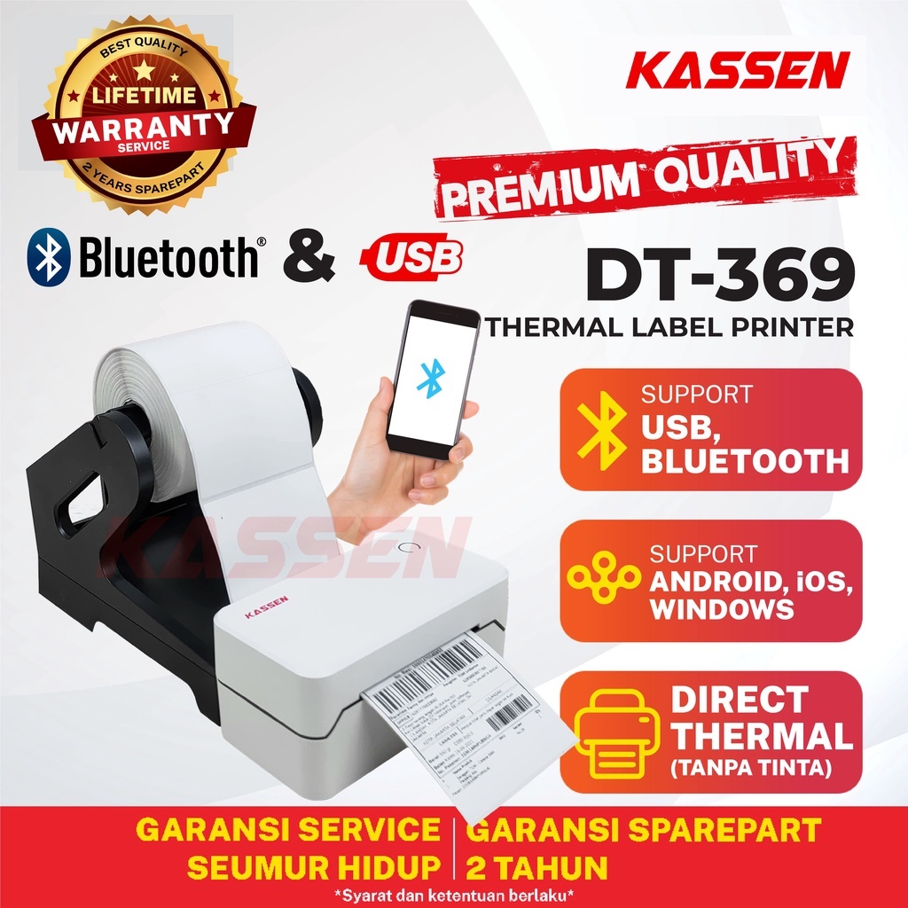 Jual PRINTER LABEL THERMAL KASSEN DT-369 BLUETOOTH USB - PRINTER LABEL ...