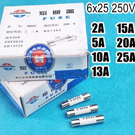 Jual 1 Pack 1pcs Fuse Sikring Keramik 6x25 Sekring AC 2A 5A 1A 13A 15A ...