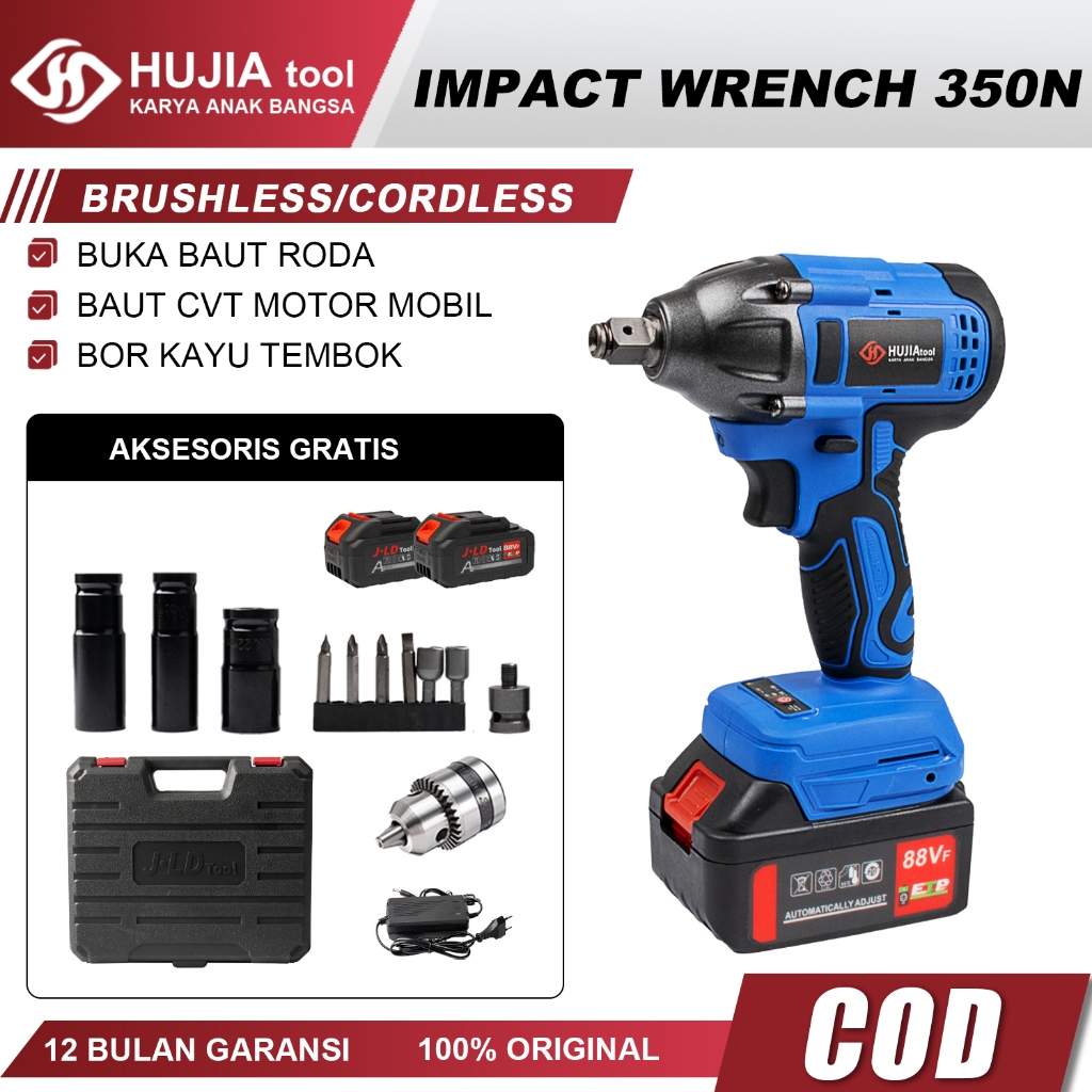 Jual HUJIA Impact Wrench Cordless 350n.M Impact Baterai 88vf Brushless ...