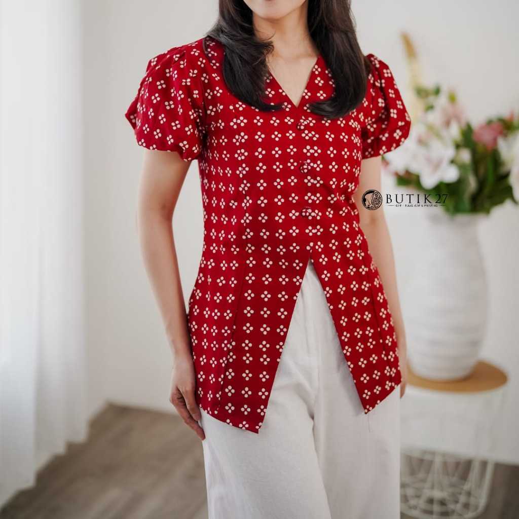Jual BUTIK27 - Kirana Blouse Batik Merah-Navy | Shopee Indonesia