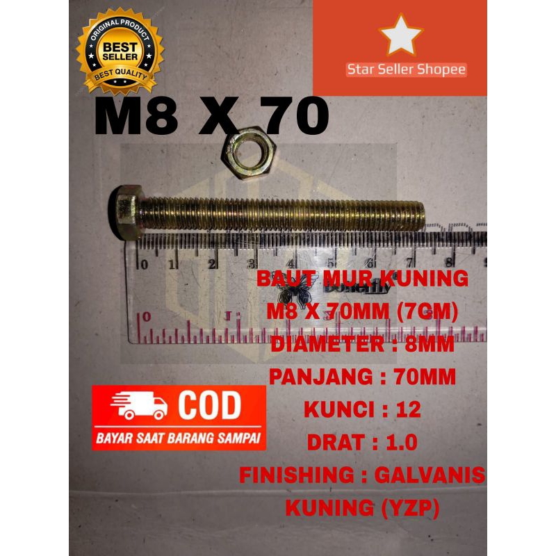 Jual Baut + Mur Hex Kuning M8 X 70 MM BMK Hex (Kunci 12) Glavanis | Shopee Indonesia