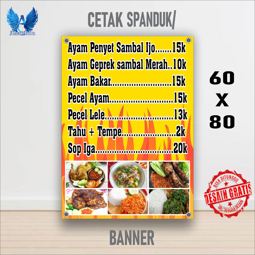 Jual Cetak Banner Cetak Spanduk DAFTAR HARGA AYAM GEPREK Ukuran 60X80 CM BISA REQUEST | Shopee ...