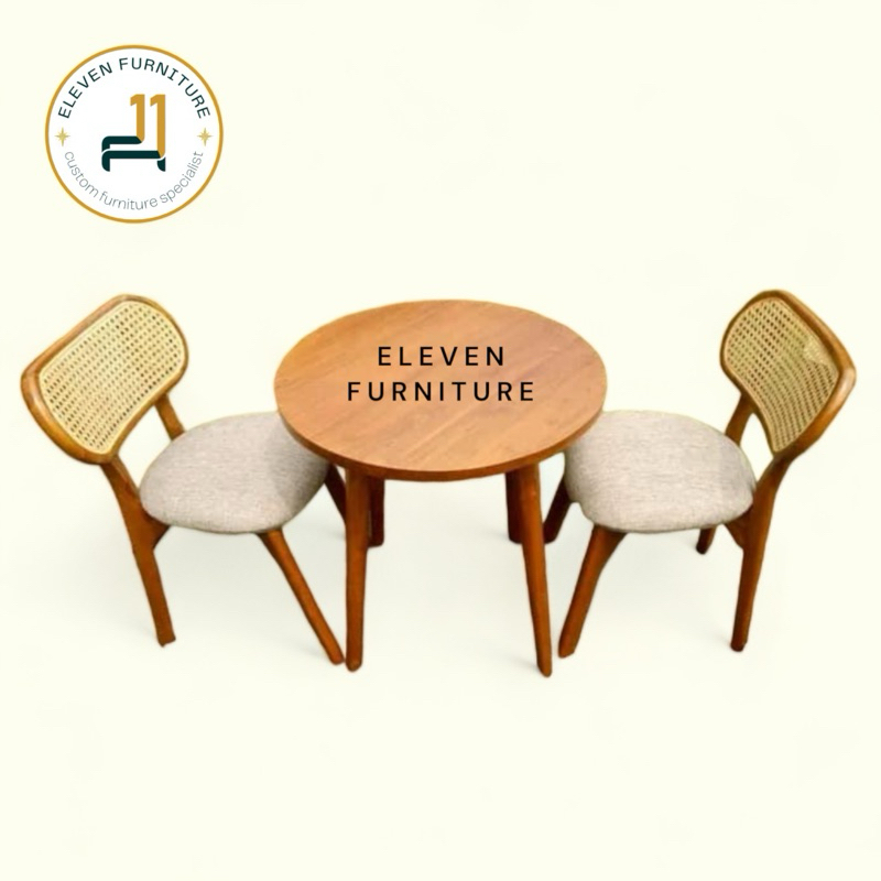 Jual SET MEJA MAKAN BULAT 2 KURSI KACANG ROTAN cafe resto kayu jati minimalis retro korean ...