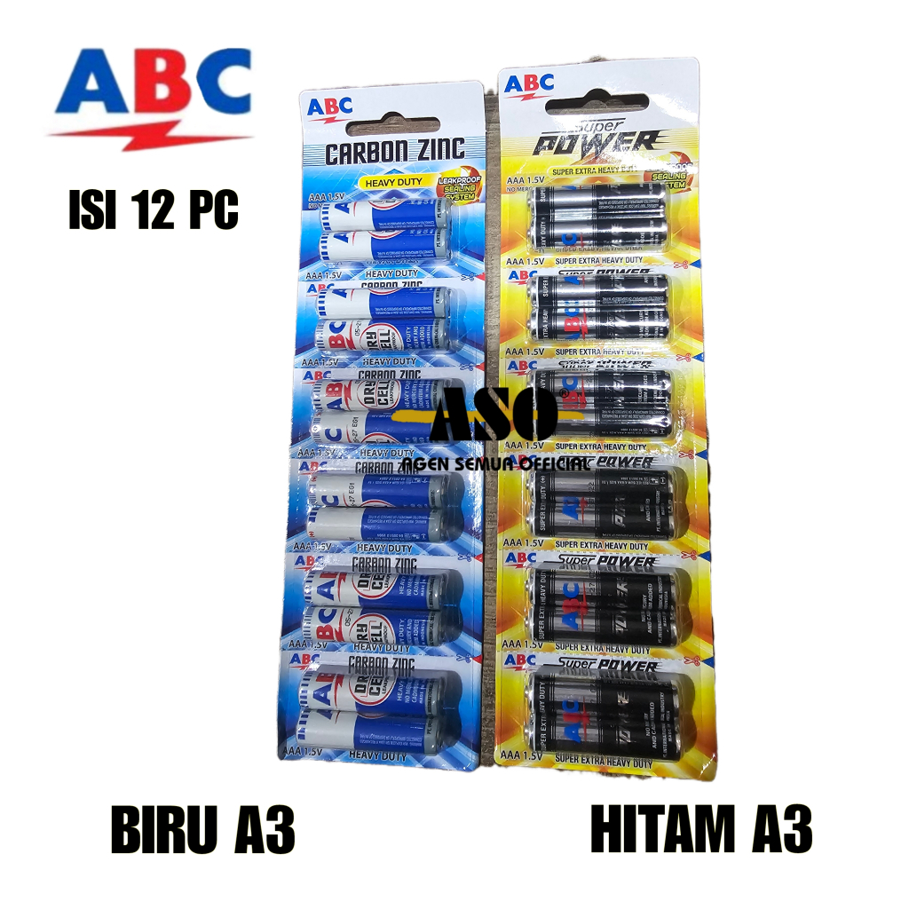 Jual BATERAI ABC BIRU HITAM AAA A3 | ABC BATTERY RENCENG ( ISI 12 ...