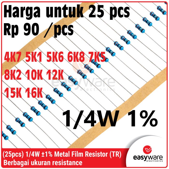 Jual 25x Metal Film Resistor 1/4W 1% 4K7 5K1 5K6 6K8 7K5 8K2 10K 12K 15K 16K | Shopee Indonesia