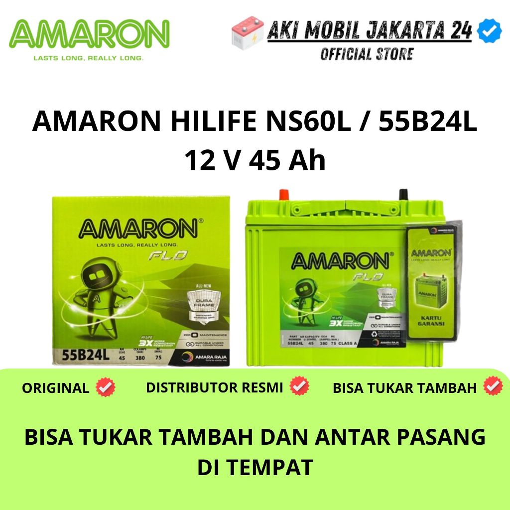 Jual Aki Mobil Nissan March NS60L / 55B24L Amaron Hi-Life 12V / 45Ah | Shopee Indonesia