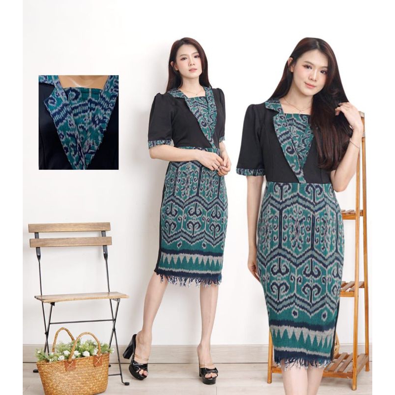 Jual dress tenun blanket wanita dewasa pua kumbu warna hijau tenun etnik jepara motif kalimantan ...