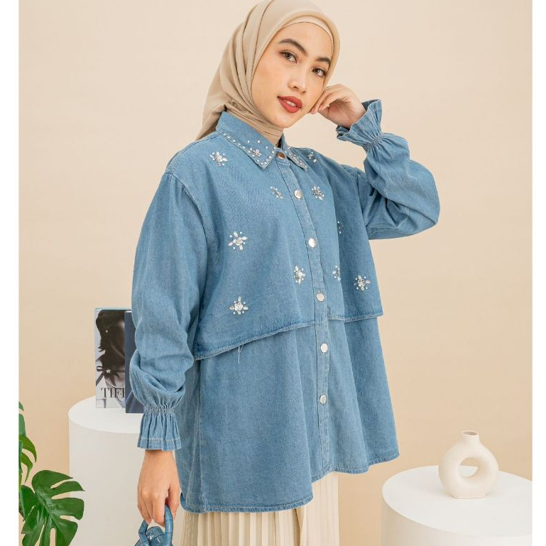 Jual Malaika kemeja jeans payet / jeans kemeja payet wanita / kemeja ...