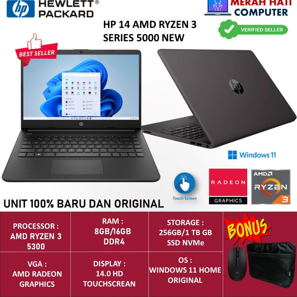 Jual LAPTOP HP 14 AMD RYZEN 3 5300U 32GB/1TB SSD TOUCH FHD WIN11HOME ...