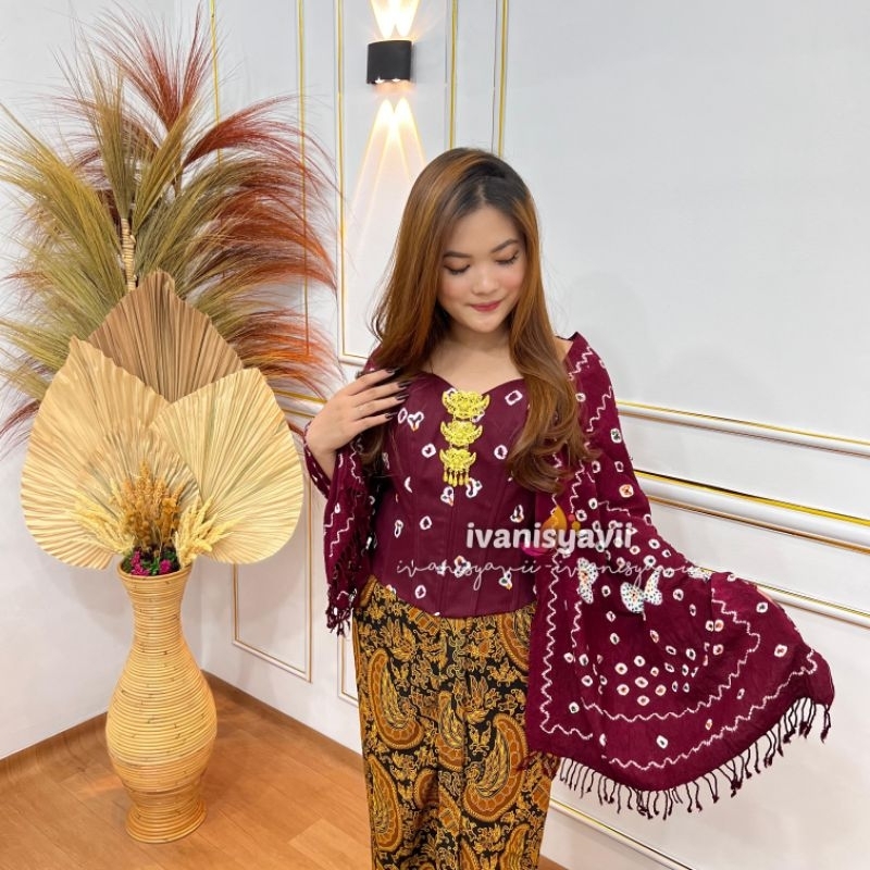 Jual (1set) Kamisol + Selendang | Jumputan Maroon | Shopee Indonesia