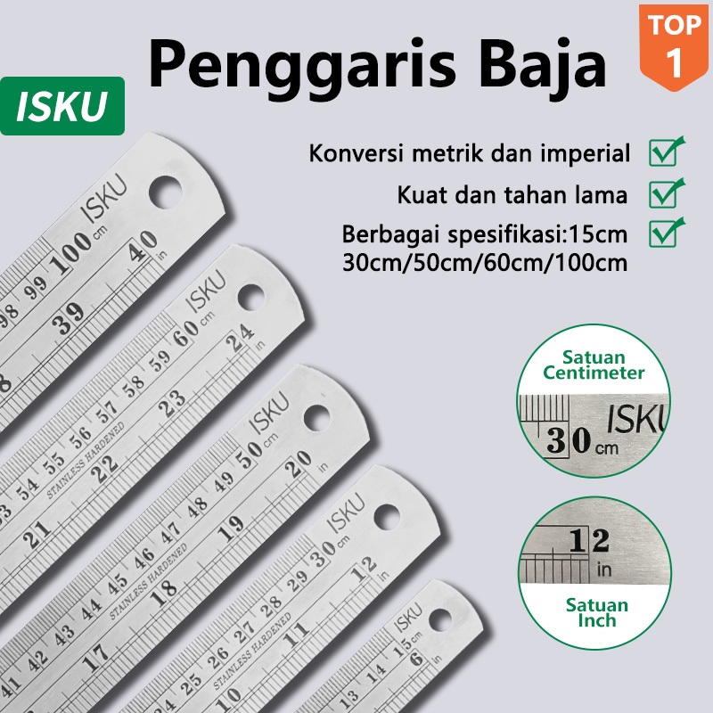 Jual ISKU Penggaris Besi 15/30/50/60/100cm Stainless Steel Ruler penggaris multifungsi Mistar ...