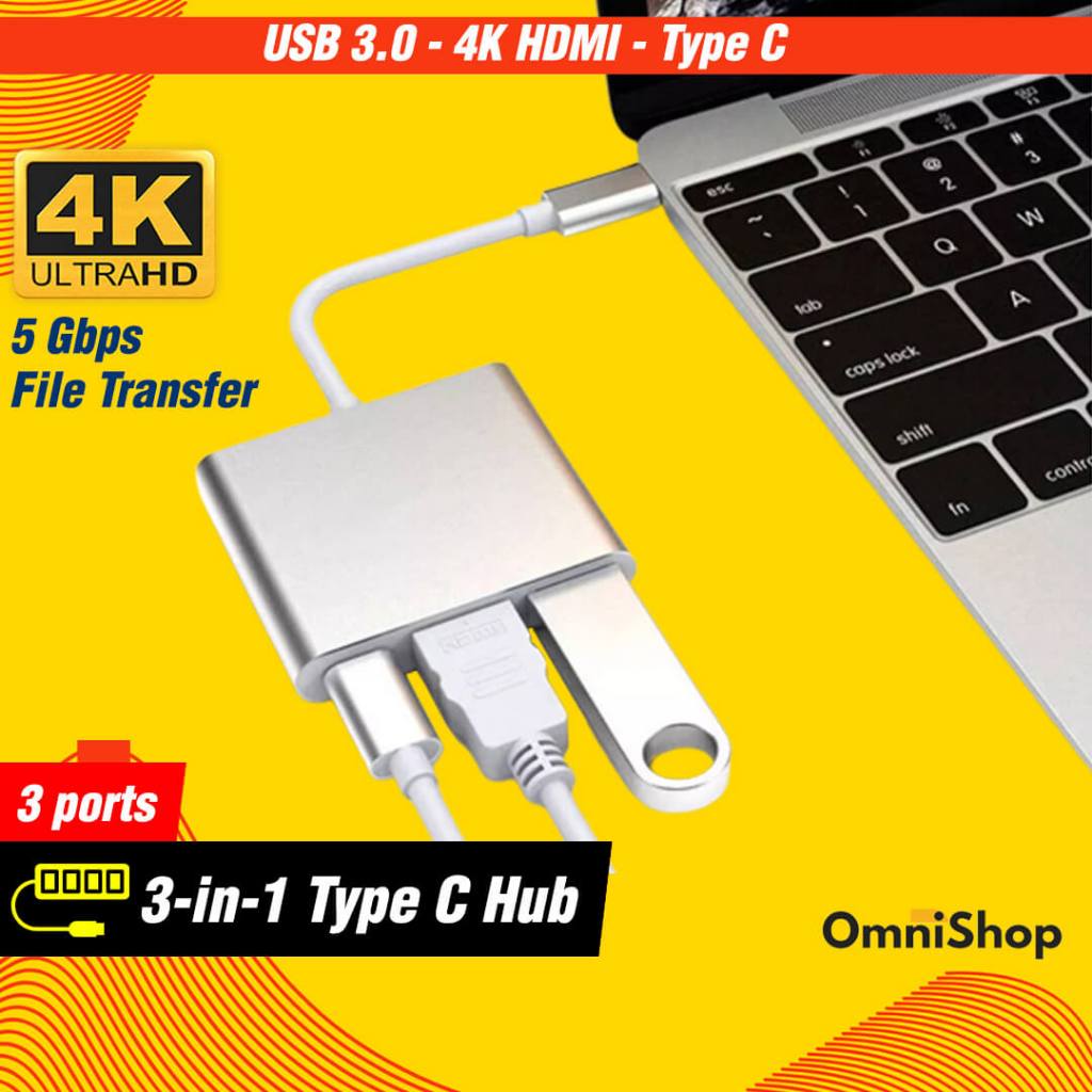 Jual Hub Converter Type C 3 in 1 PD USB HDMI Full HD 3D 4K HP Laptop ...