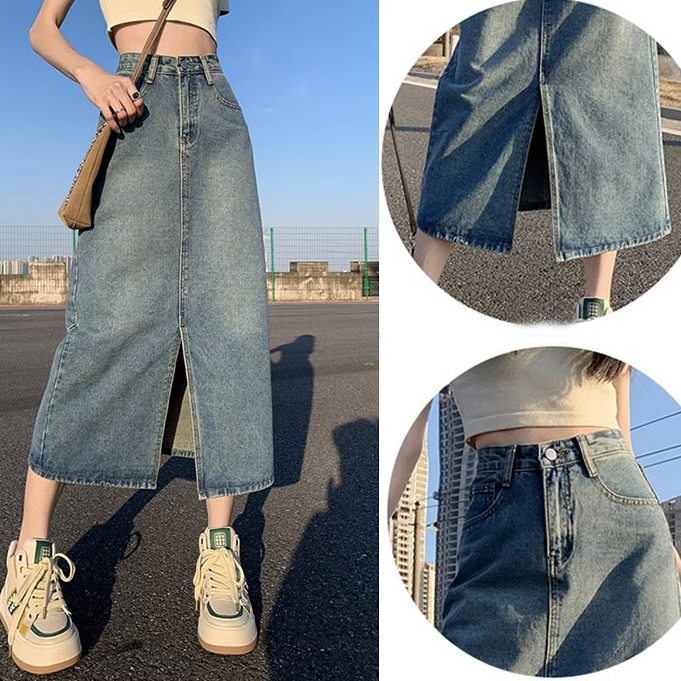 Jual KeyGirl Rok Jeans Wanita Split Rok Jeans Wanita A-Line Rok Jeans ...