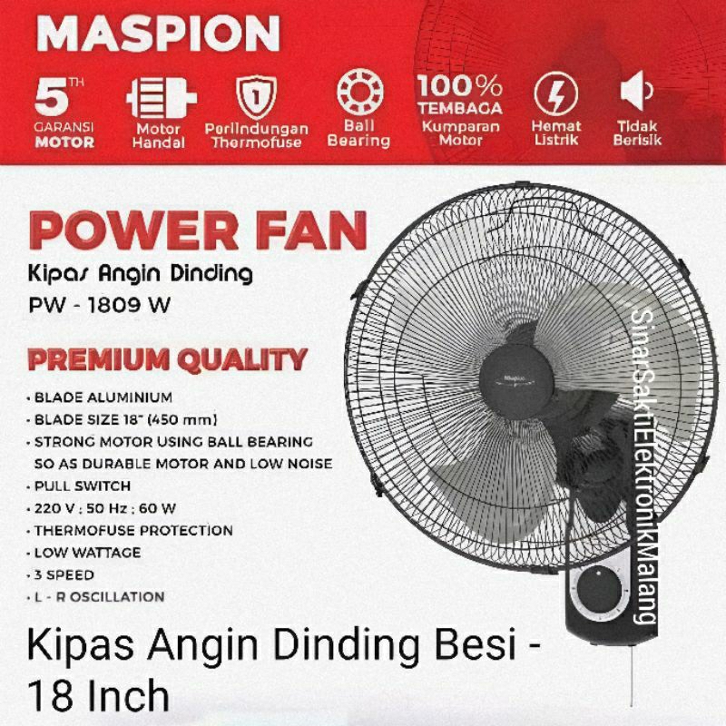 Jual Maspion Kipas Angin Dinding Besi PW 1809 W 18 Inch 18" Wall Fan ...