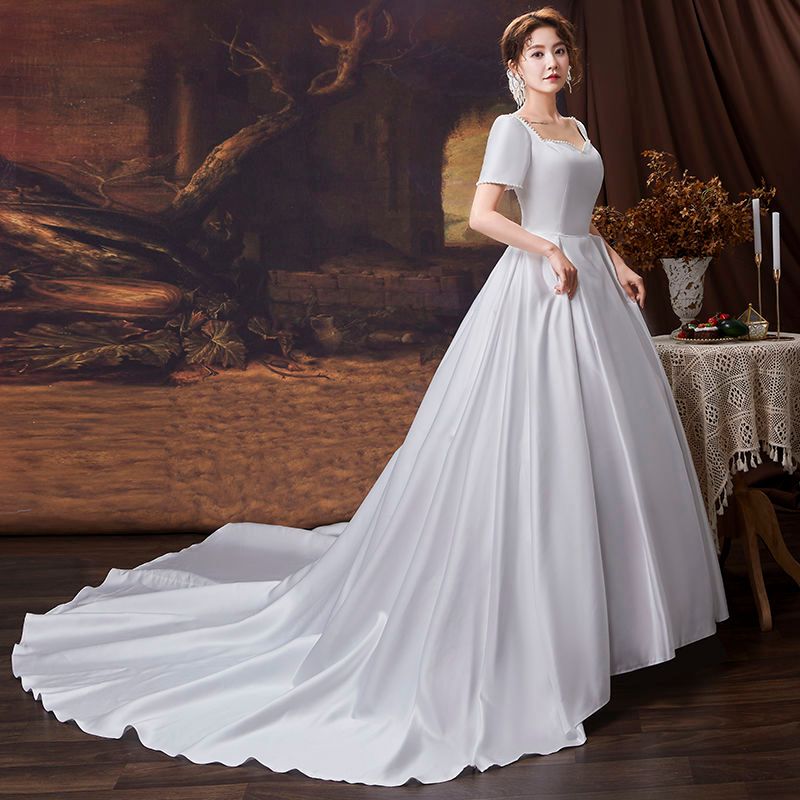 Jual wanita gaun pengantin Gaun pesta putih Ekor Panjang Lengan pendek ...