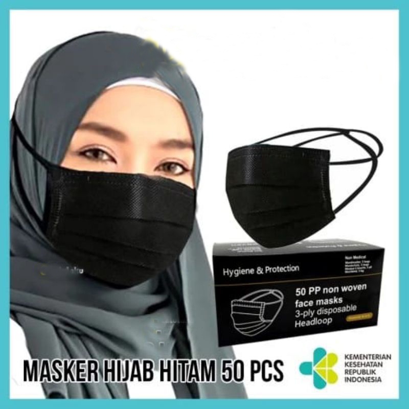 Jual Masker Hijab Headloop Hitam Biru 1 Box Isi 50Pcs Disposable ...