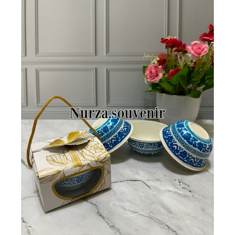 Jual ( Isi 50pcs ) Souvenir Mangkok Bulat Batik Biru Kemasan Box Cantik ...