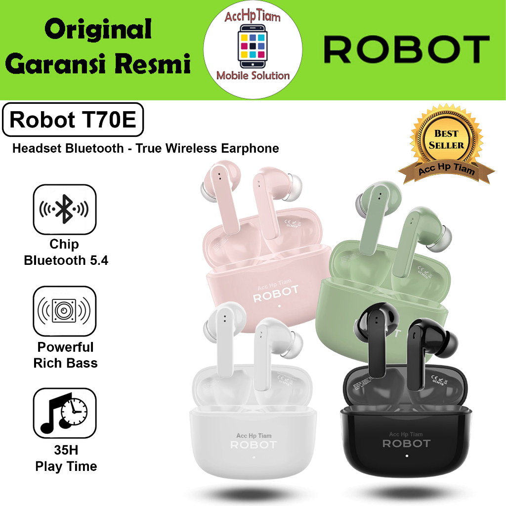 Jual Headset Bluetooth Robot T70E 5.4 - TWS Earphone Airbuds Powerful ...