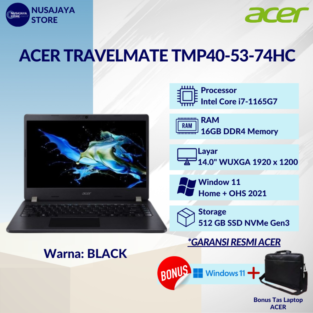 Jual ACER Travelmate TMP40-53 INTEL I7-1165G7 16GB 512GB 14" FHD W11 ...
