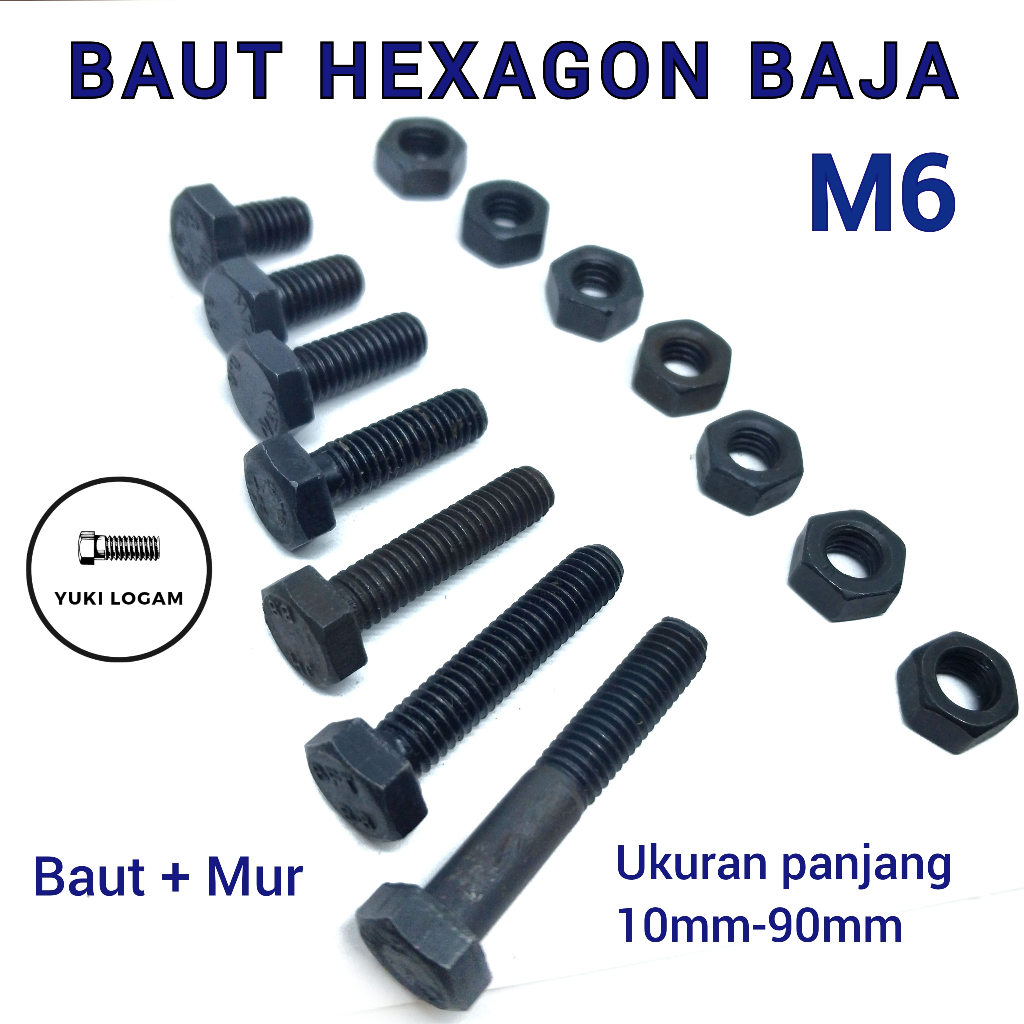 Jual Baut Mur Hexagon Baja M6 ukuran 10mm sampai 90mm hitam kunci 10 ...