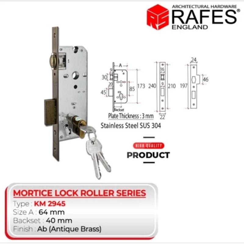 Jual Mortice lock Rafes stainless steel 304 AB KM 2945 backset 40mm ...