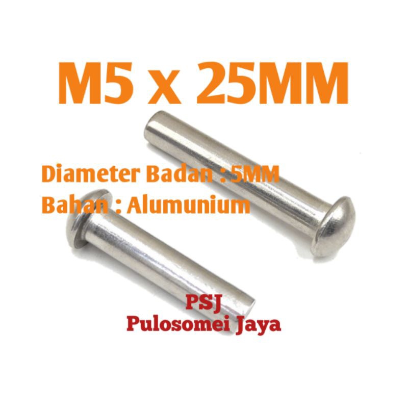 Jual Paku Keling Alumunium M5 x 25MM / Paku Keling Alm Kepala Bulat M5 x 25MM | Shopee Indonesia