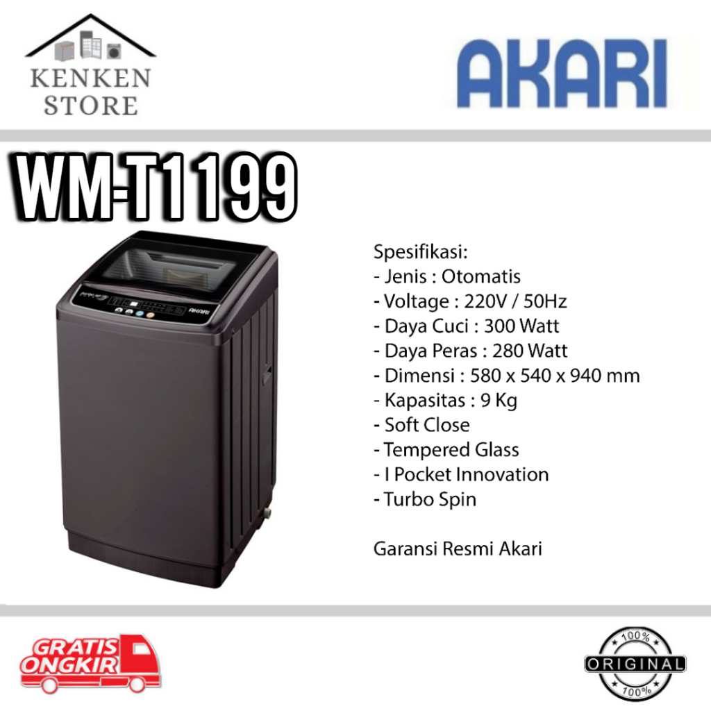 Jual MESIN CUCI 1 TABUNG AKARI WM-T1199 KAPASITAS 9KG TOP LOADING AKARI | Shopee Indonesia