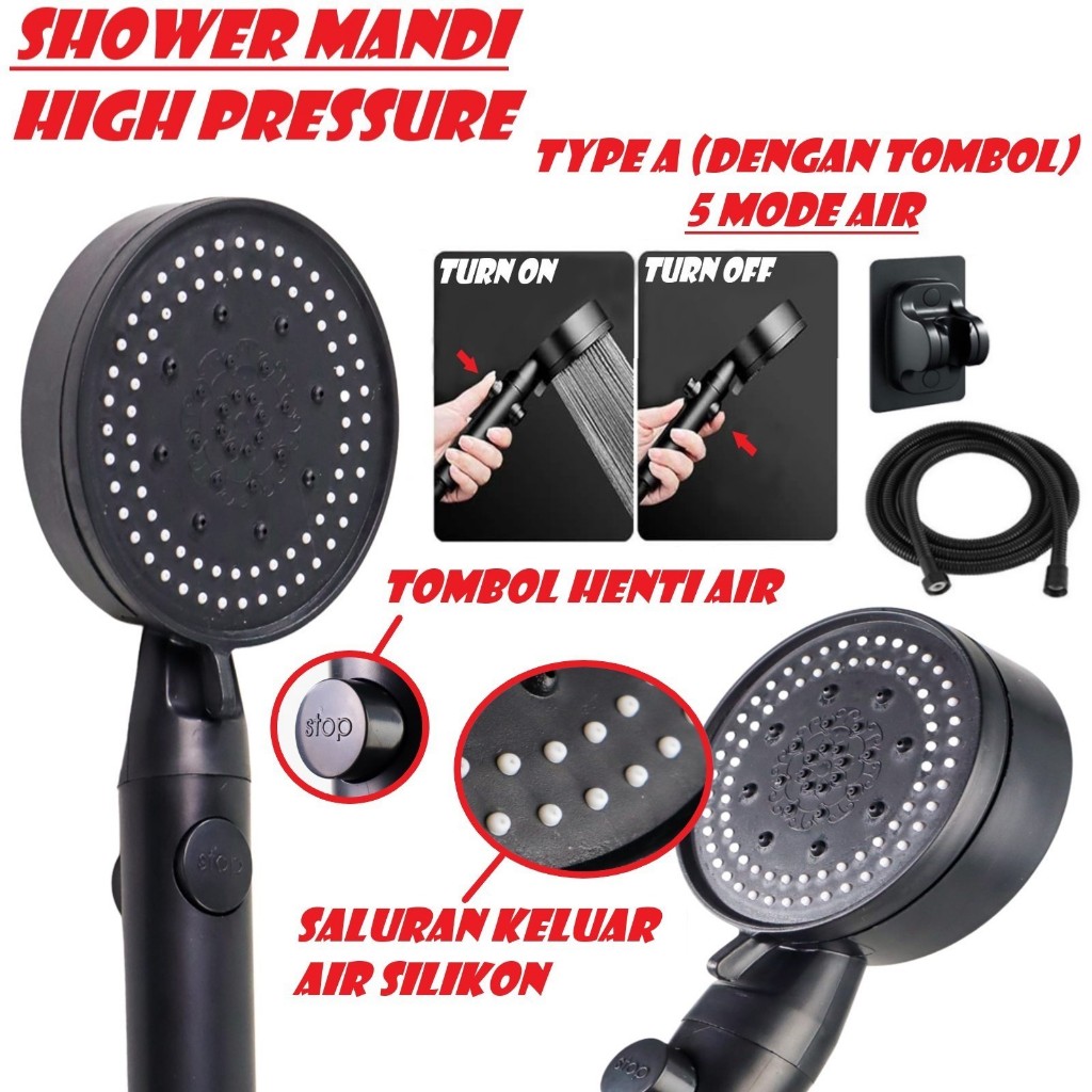 Jual Kepala Shower Mandi Hitam Premium Shower Head Set 5 / 7 Mode Adjustable Shower Dengan ...