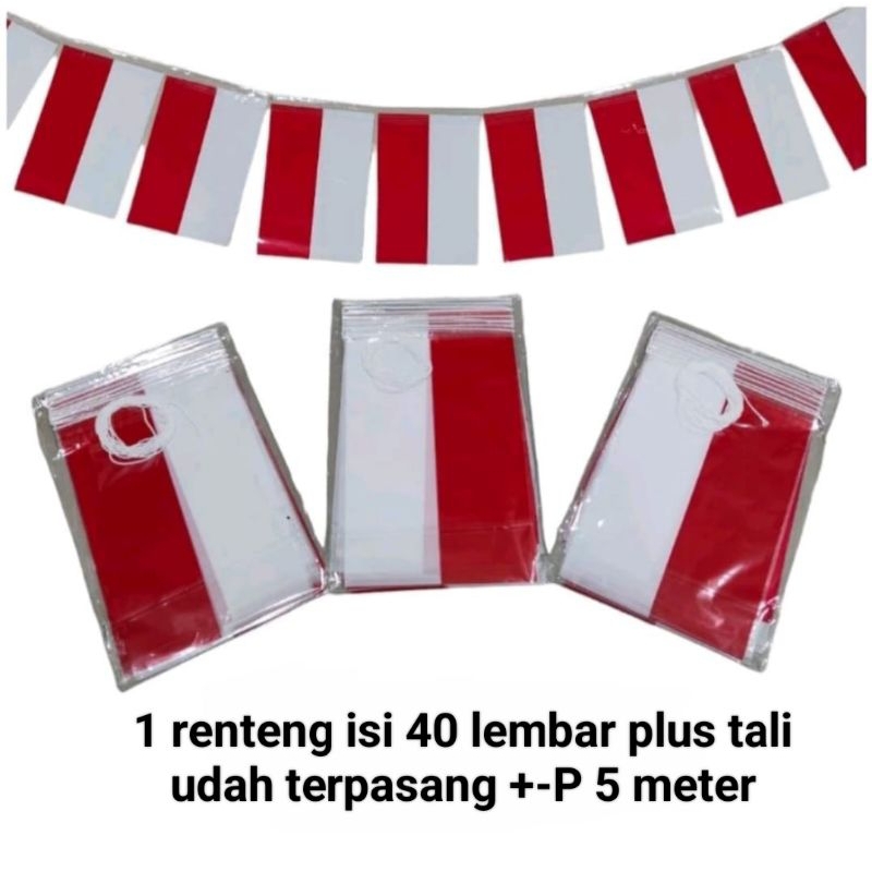 Jual 1 SET ISI (40 LEMBAR) BENDERA PLASTIK MERAH PUTIH TALI RENTENG | Shopee Indonesia