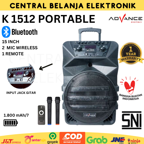 Jual ADVANCE SPEAKER AKTIF PORTABLE BLUETHOOTH 15 INCH K1512 / K1512 A BONUS 2MIC WIRELESS ...