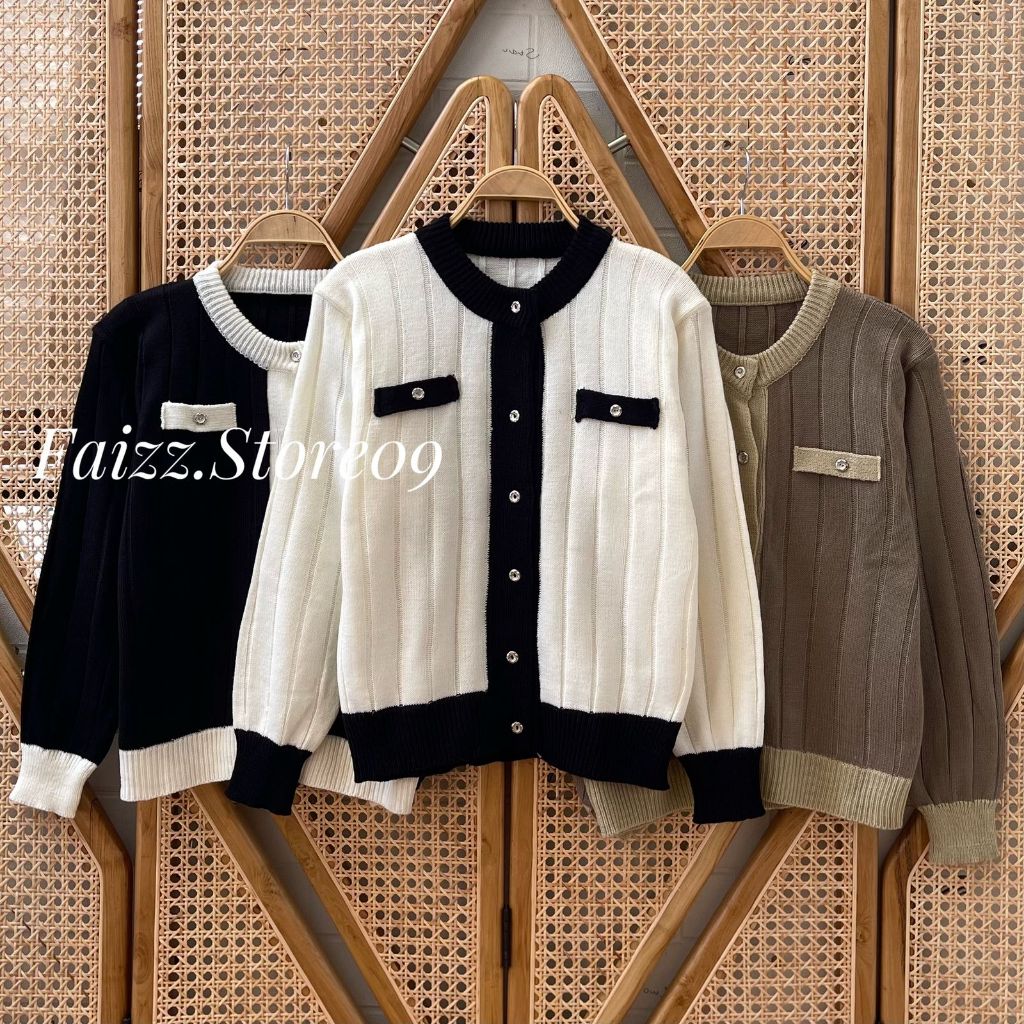 Jual Amisha Cardigan Rajut Stripe Kancing Salur Wanita Lengan Panjang ...