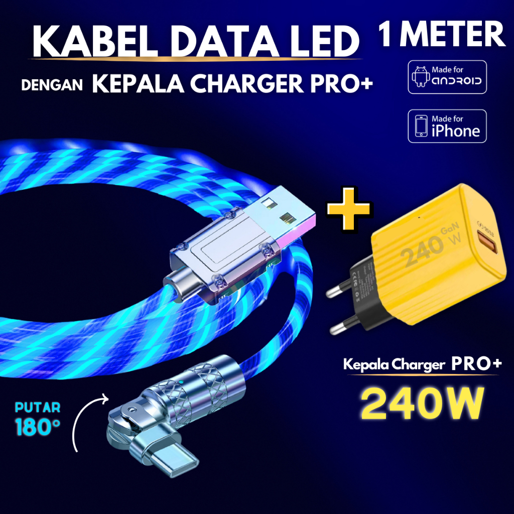Jual Kabel Data Type C【 LED Port Putar 180°】Kabel Tipe c Micro USB iOS ...