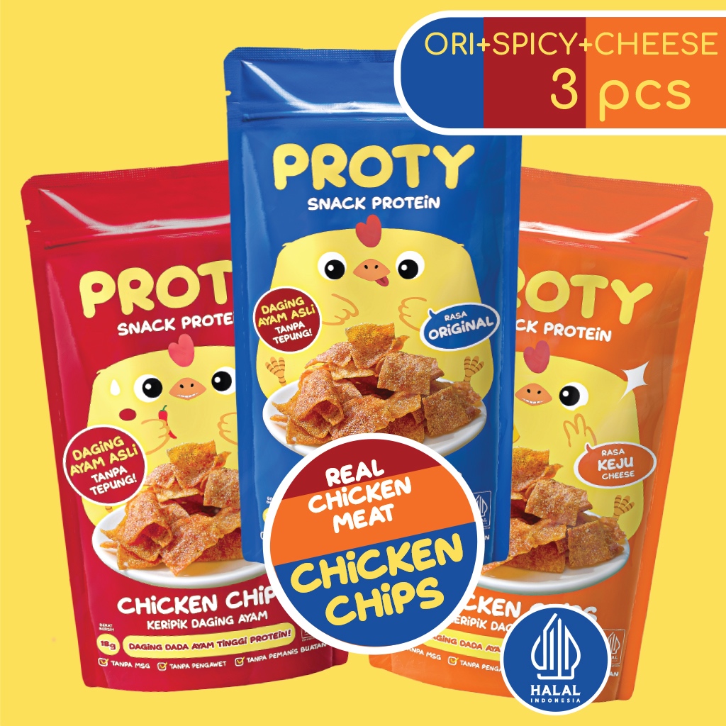Jual PROTY Snack Protein Chicken Chips Ori(1 pcs)+Pedas(1 pcs)+Keju(1 ...