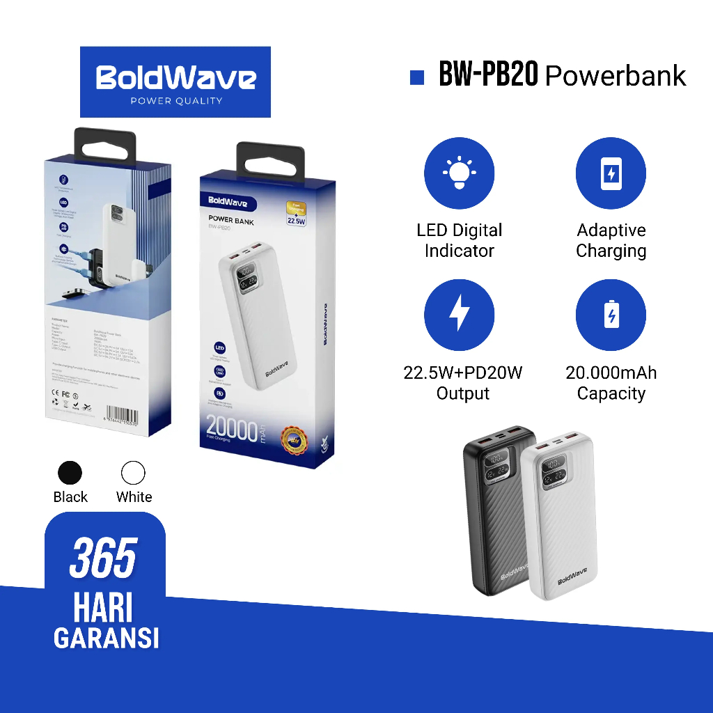 Jual BoldWave BW-PB20 PowerBank 20000mAH Pengisian Cepat 4 Port Input & Output Indikator LED ...