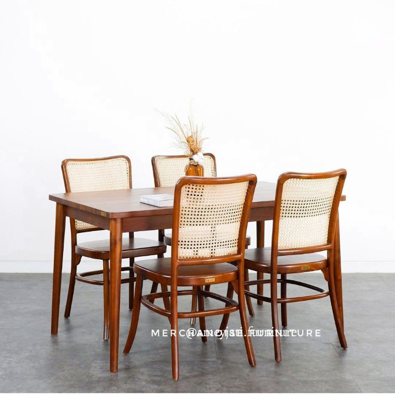 Jual Satu Set Kursi Makan Kelvin Mix Rotan Jati Retro - Meja Makan Cafe Minimalis Modern - Kursi ...