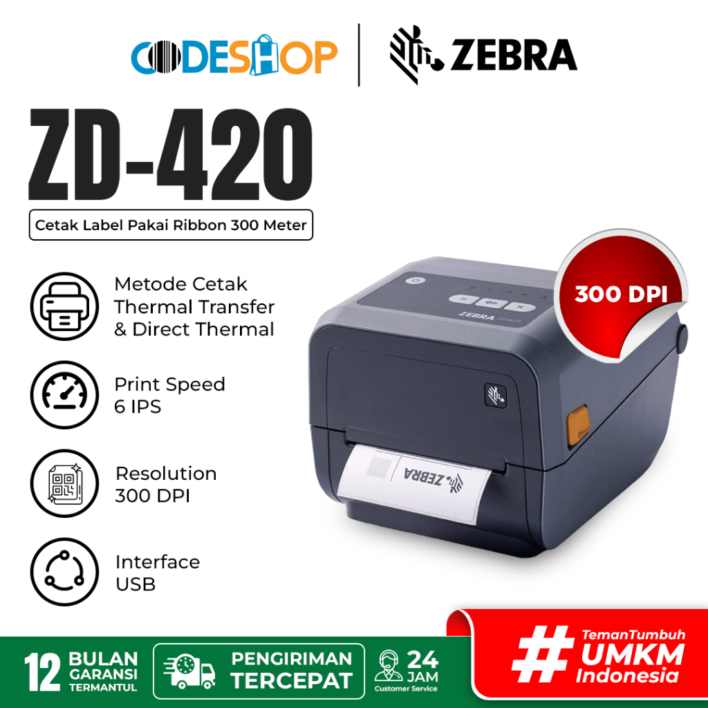 Jual Zebra ZD420 300 DPI Printer Label Direct Thermal Transfer Barcode ...