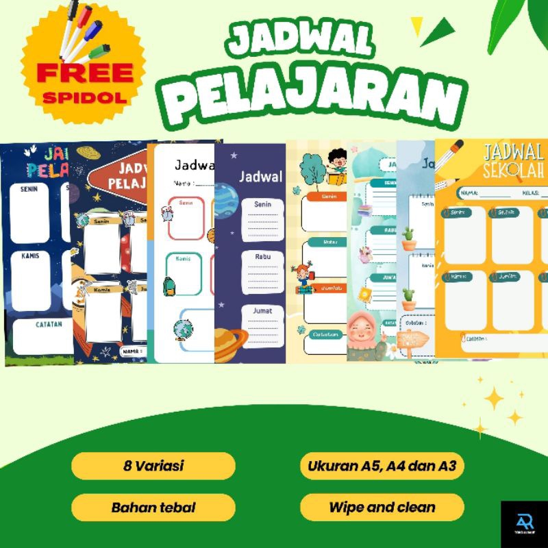 Jual Poster Jadwal Pelajaran Wipe and Clean FREE SPIDOL uk A4 dan A3 ...