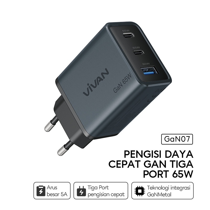 Jual VIVAN Adaptor Charger GaN07 Batok Charger 3 Output Fast charging ...