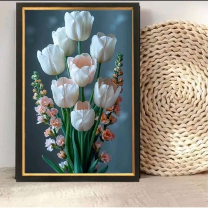 Jual Hiasan dinding cetak gambar plus bingkai bunga tulip putih ukuran ...