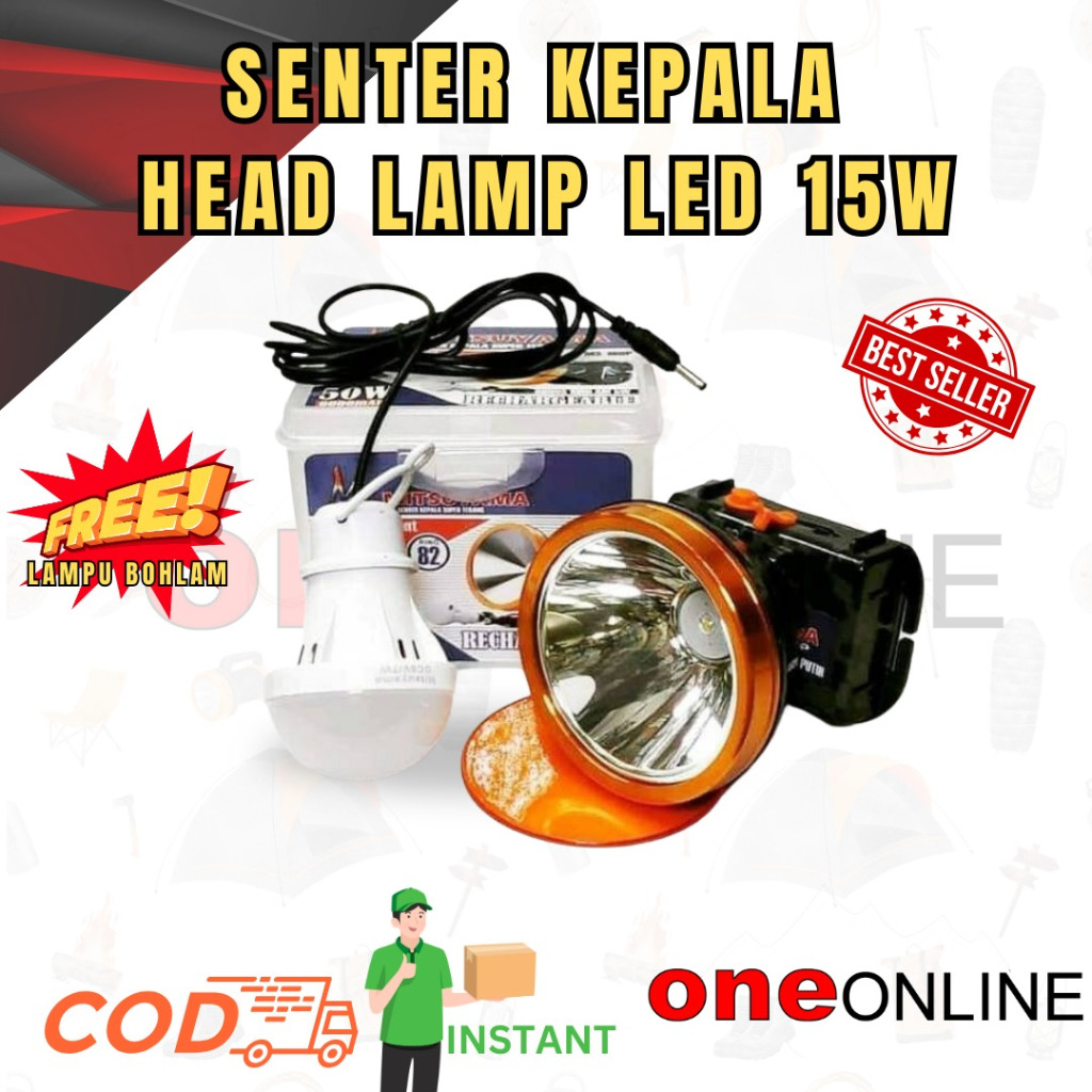 Jual Head Lamp LED 15W Free Lampu Bohlam Dan Charger Baterai 4000mah ...