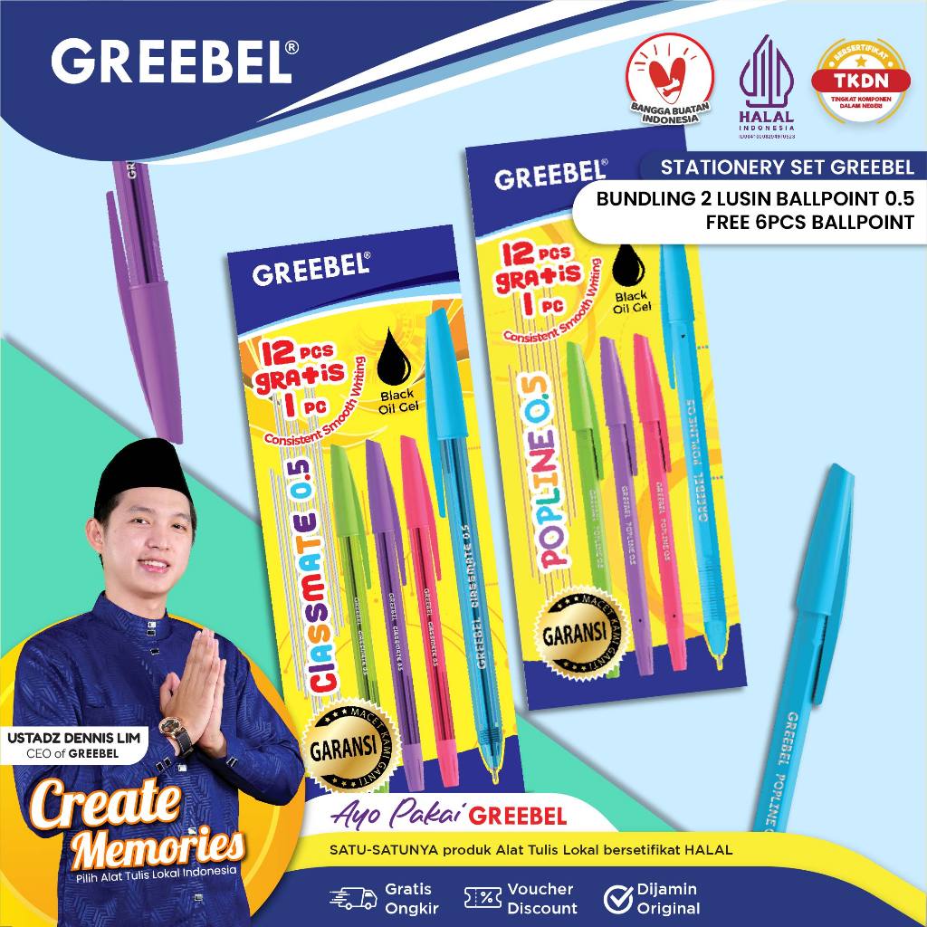 Jual GREEBEL Pulpen Ballpoint / Bundling 2 Lusin Ballpoint Hitam (12PCS ...