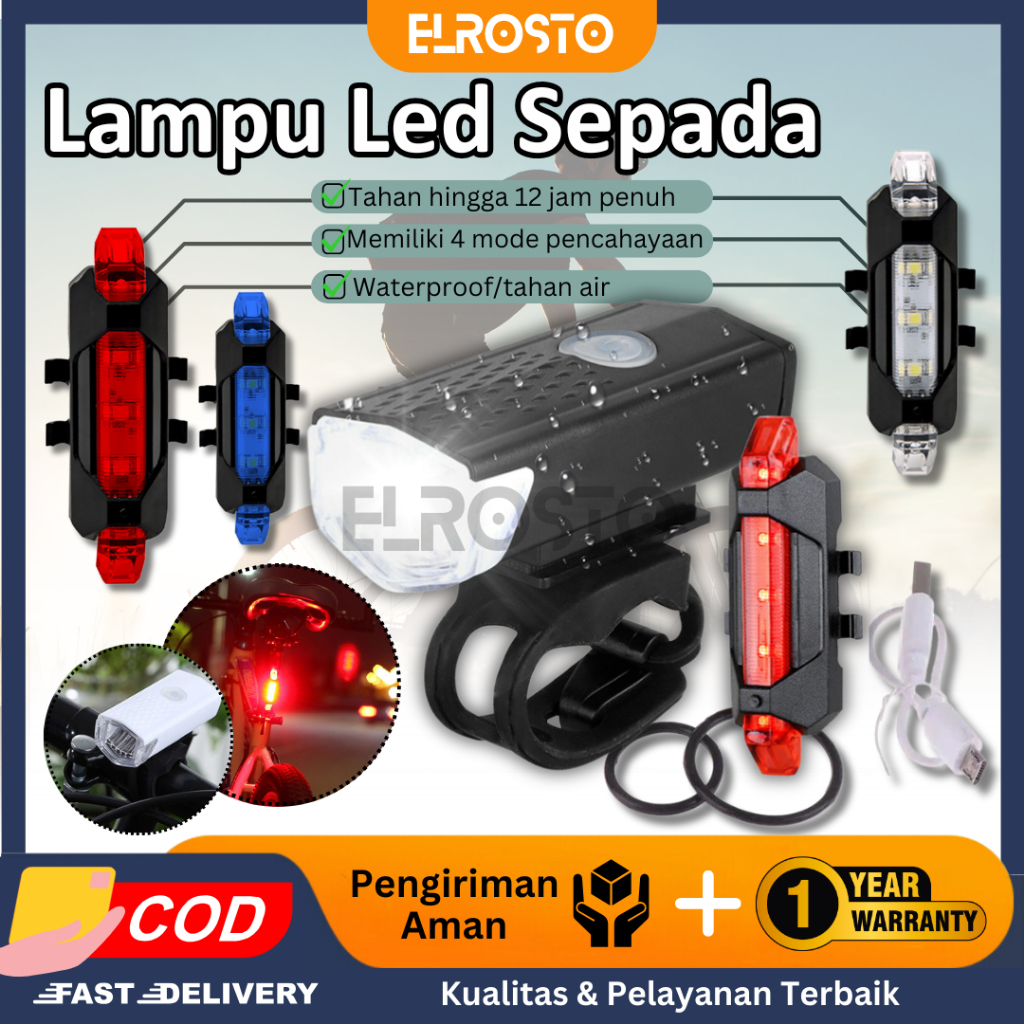 Jual ELROSTO Lampu Sepeda LED USB Rechargeable Depan Belakang Super ...