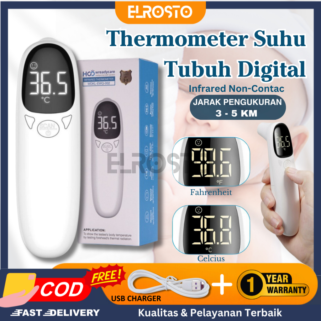 Jual ELROSTO Termometer Infrared Non Contact Digital Suhu Badan Tubuh ...