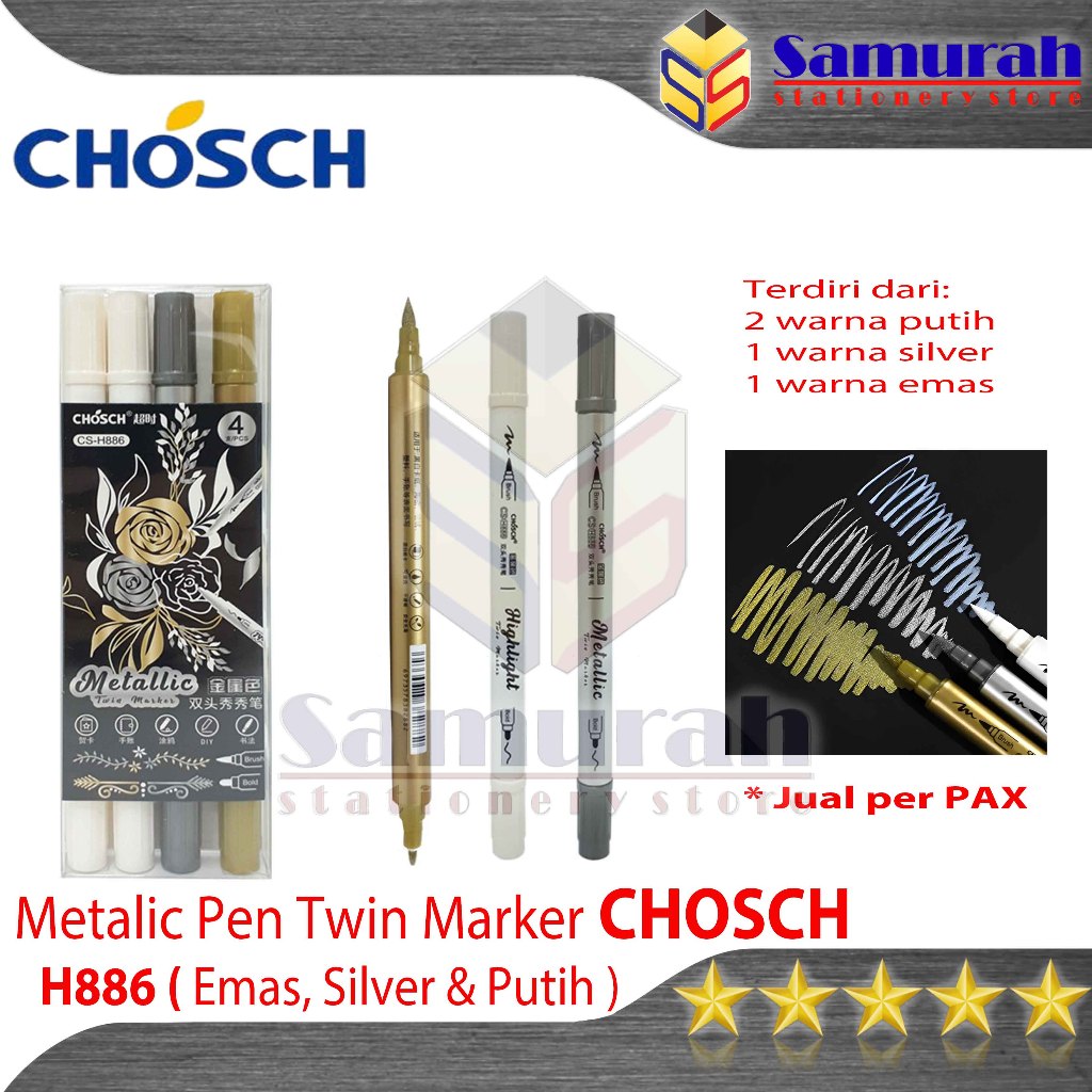 Jual Spidol Metalik Chosch CS H886 Set isi 4 pcs / Metallic Twin Marker Brush & Bold Warna Putih ...
